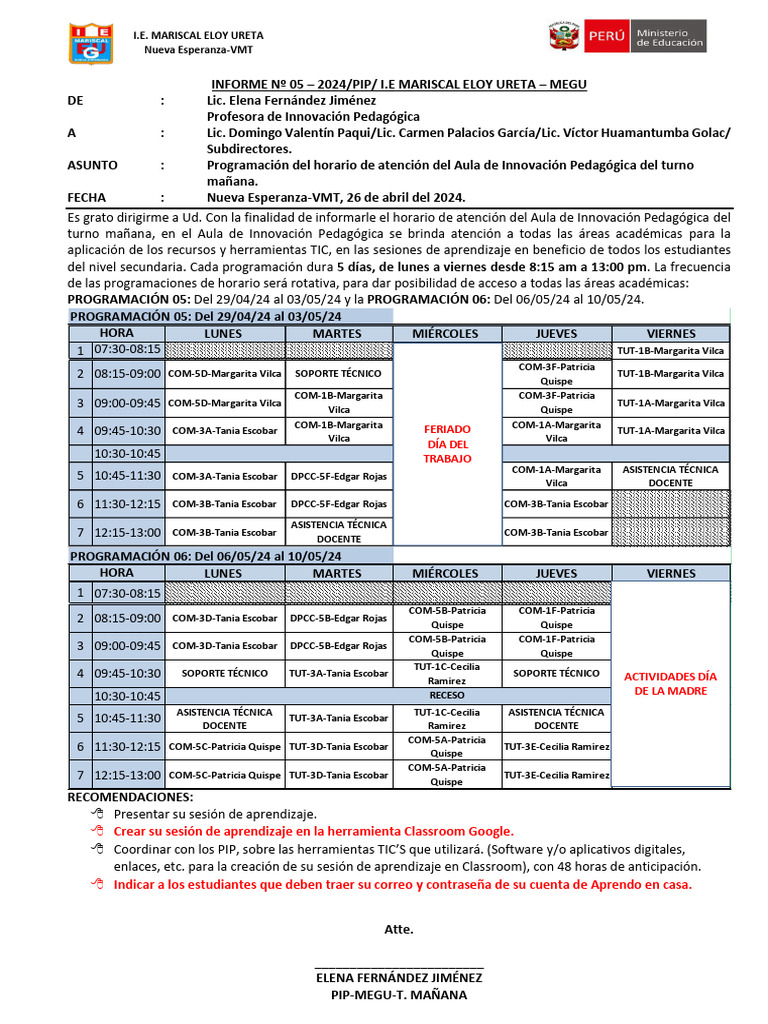 Informe de Horario Aip-T.mañana-1 | PDF | Aprendizaje | Enseñando