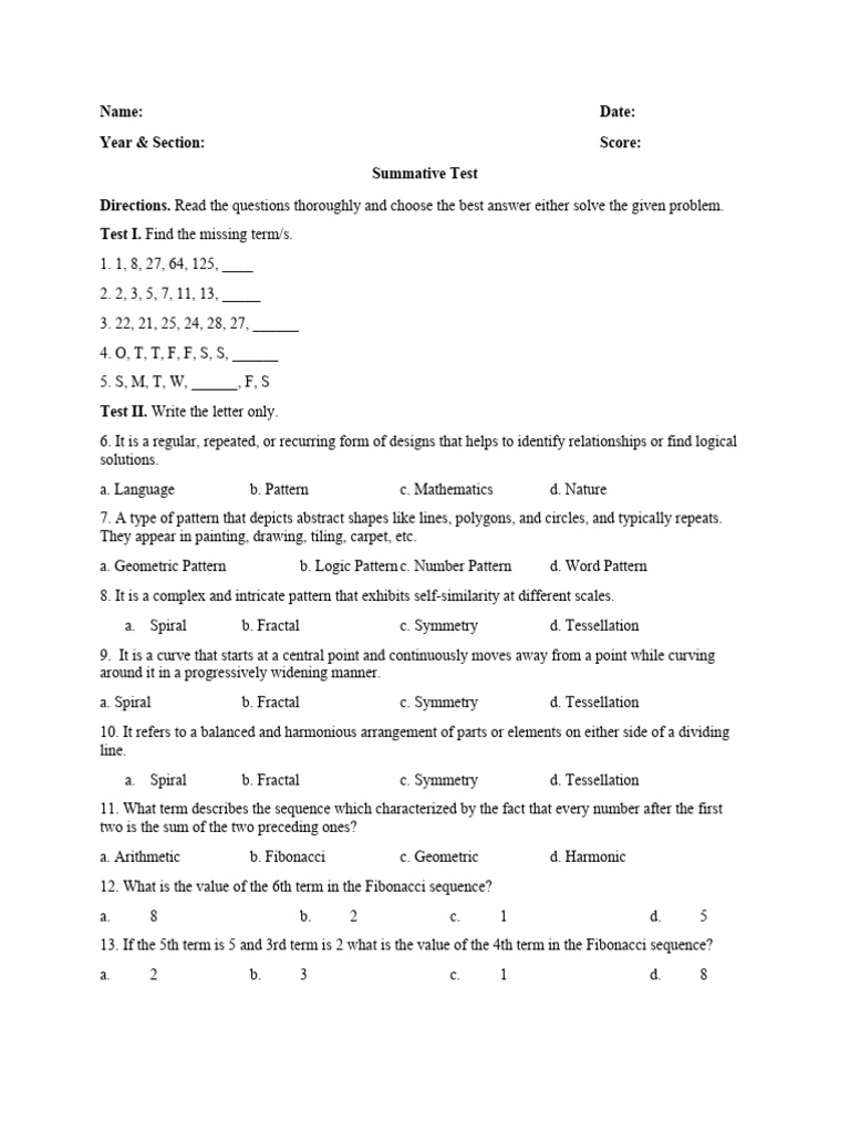 SUMMATIVE TEST | PDF | Pattern | Fractal