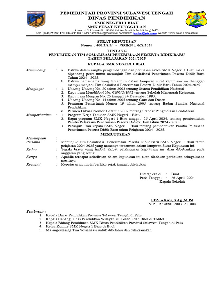 SK Tim Sosialisasi PPDB 2024 - 2025 | PDF