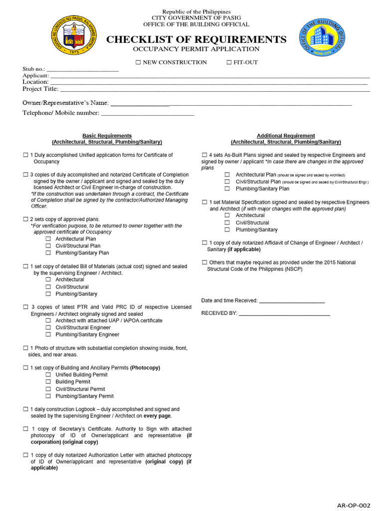 Pasig City Occupancy Permit Checklist | PDF | Engineer | Architect