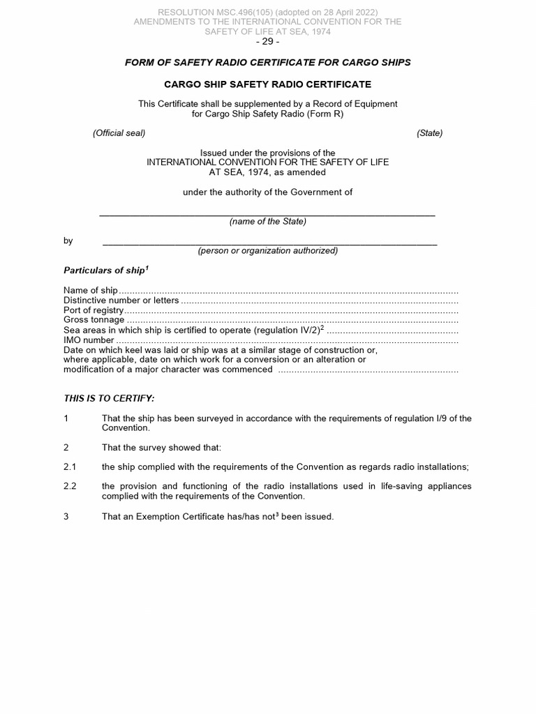 Format - Cargo Safety Radio Certificate + Form R | PDF | Radio | Telecommunications
