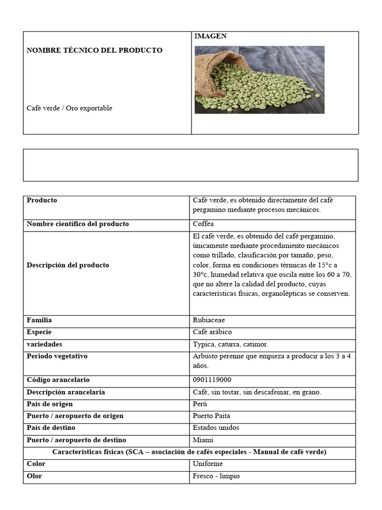 Ficha Tecnica de Café Verde | Descargar gratis PDF | café