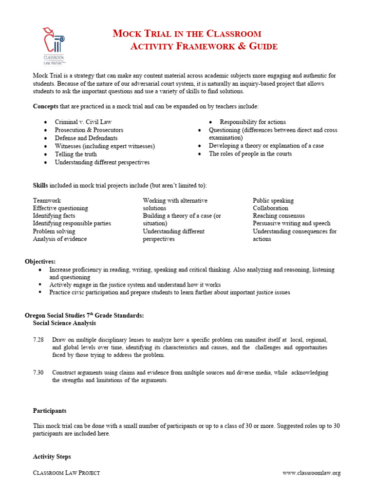 Mock Trial in The Classroom Activity Guide | PDF | Witness | Trials