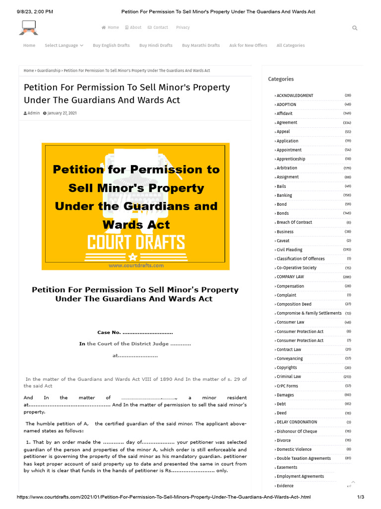 Petition For Permission To Sell Minor - S Property Under The Guardians and Wards Act | PDF ...