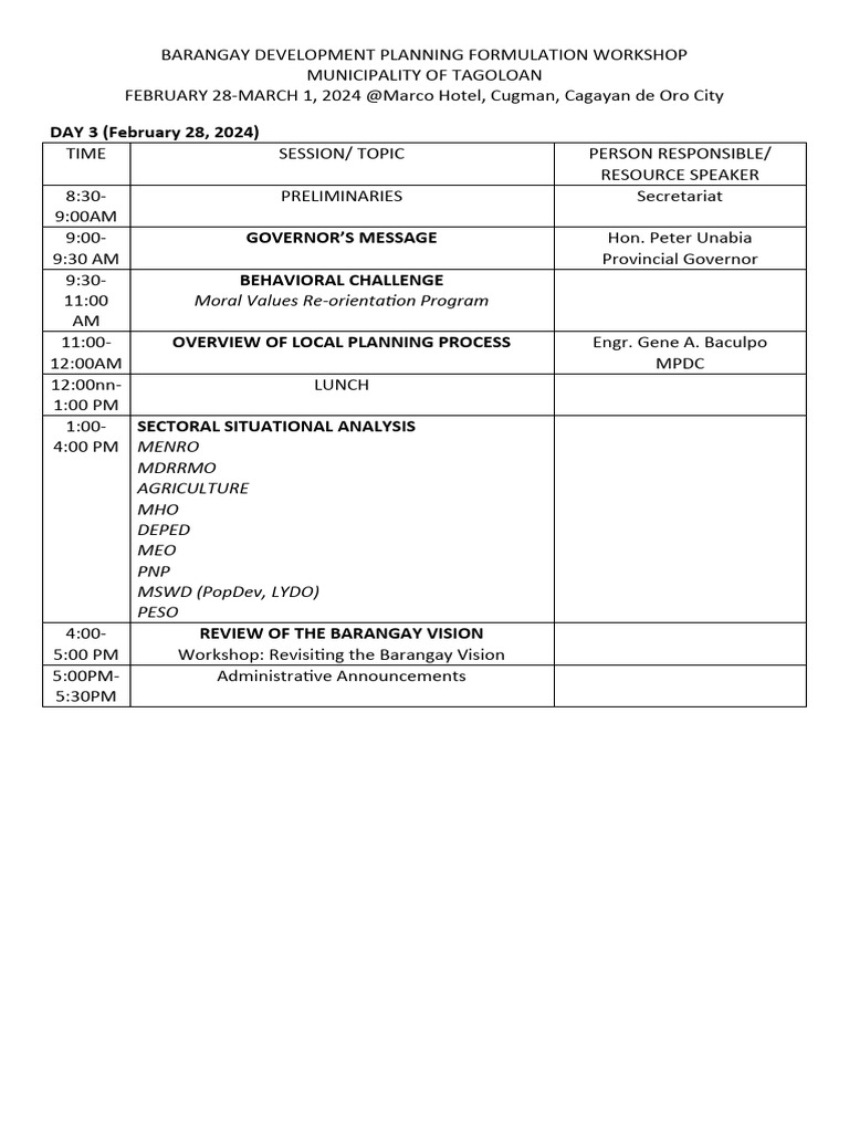 BARANGAY DEVELOPMENT PLANNING FORMULATION WORKSHOP Program | PDF