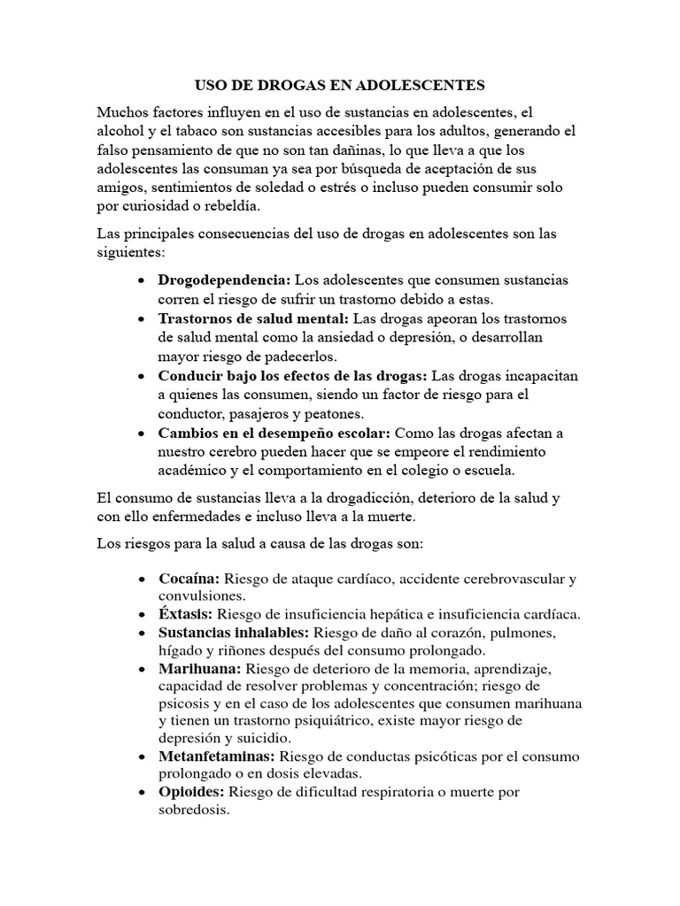 Uso De Drogas En Adolescentes Pdf La Dependencia De Sustancias