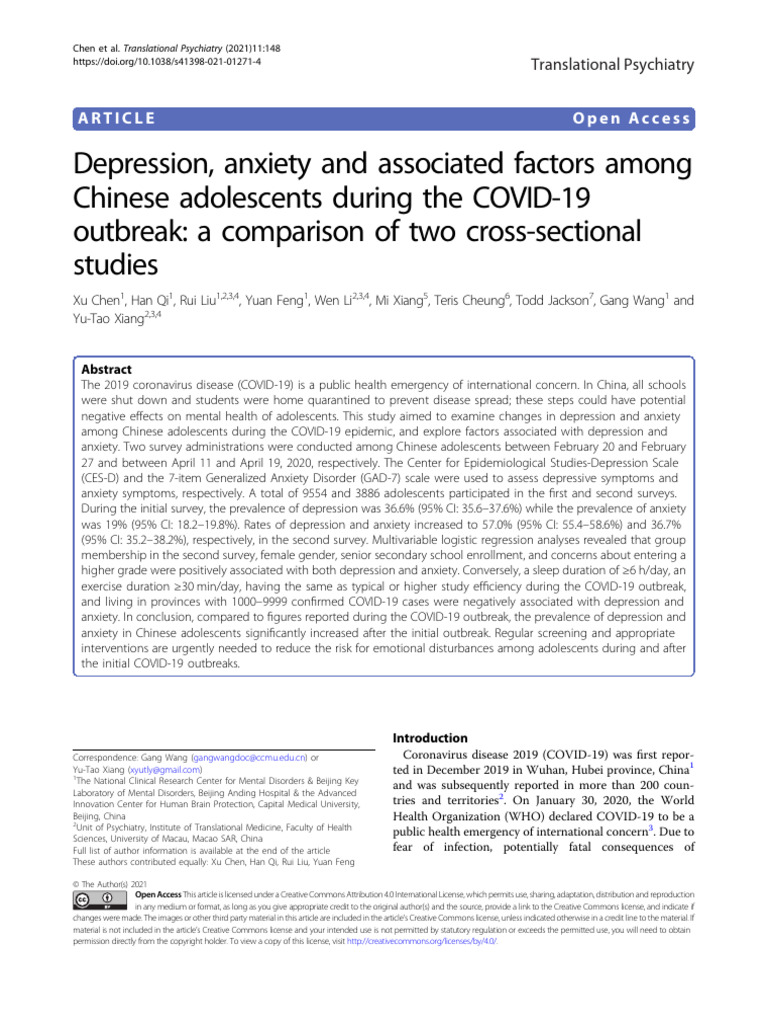 Depression, Anxiety and Associated Factors Among Chinese Adolescents ...