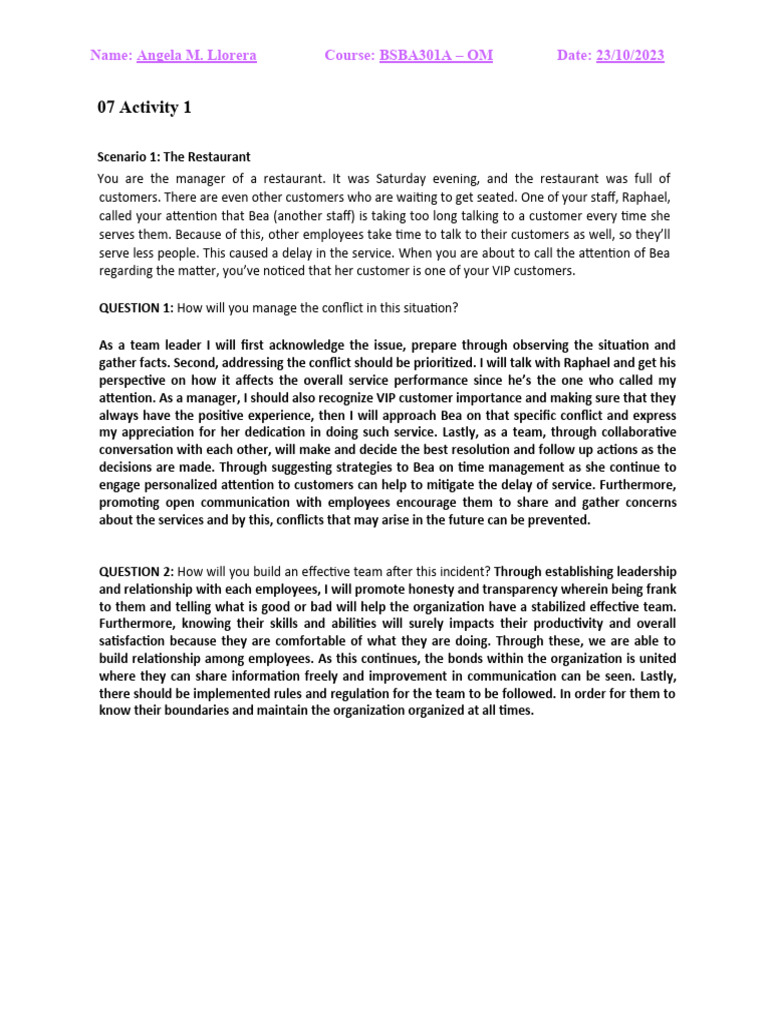 07 Activity 1 - TQM | PDF | Leadership | Human Communication