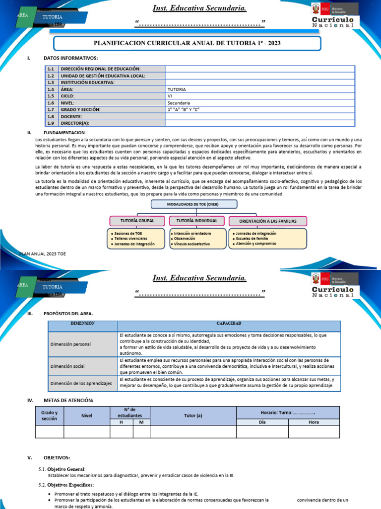 Plan Anual Tutoria 1° Sec | PDF | Evaluación | Aprendizaje