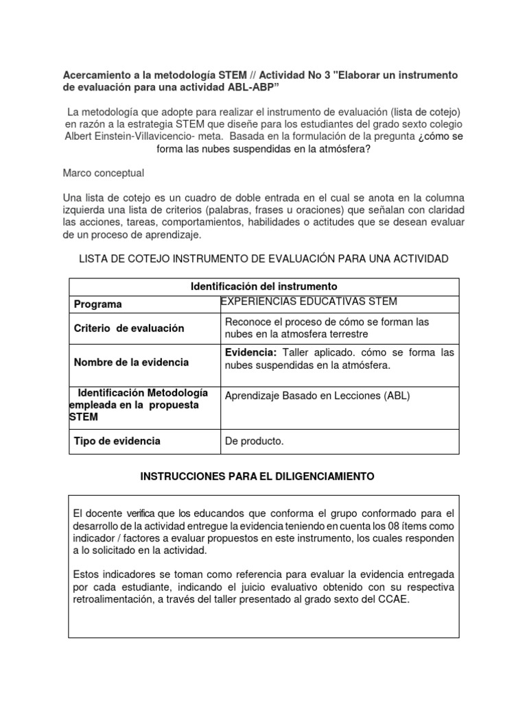 Actividad 3 Instrumento de Evaluation STEM | PDF | Evaluación | Aprendizaje
