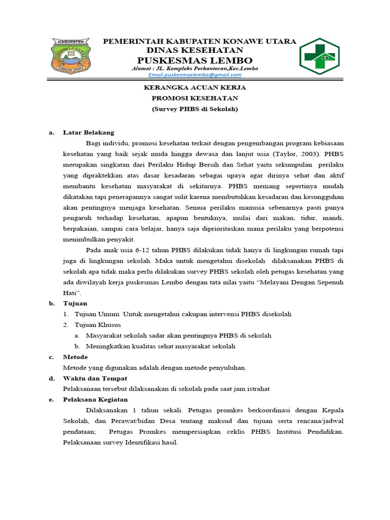 Survey PHBS Sekolah di Puskesmas Lembo | PDF | Pengembangan Diri