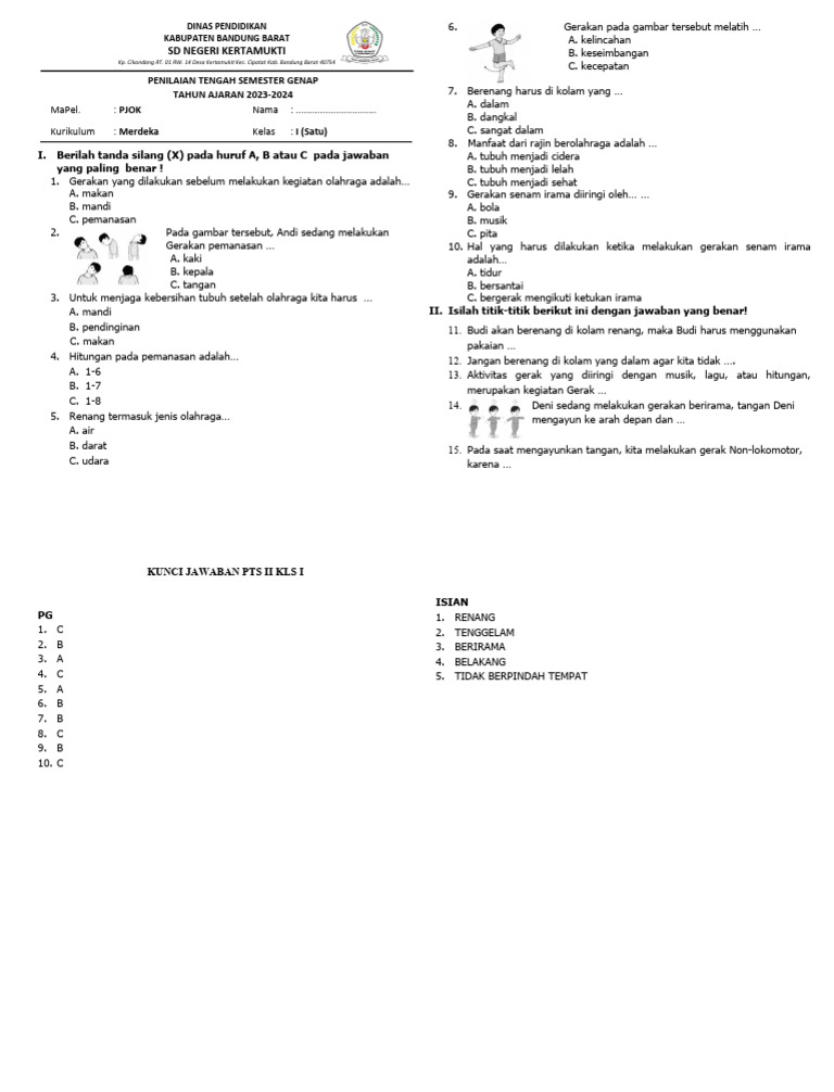 PTS Kelas 1 Sem 2 | PDF