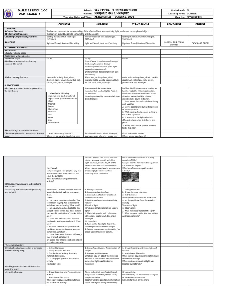 DLL Science-5 Q3 W5 | Download Free PDF | Mirror | Learning