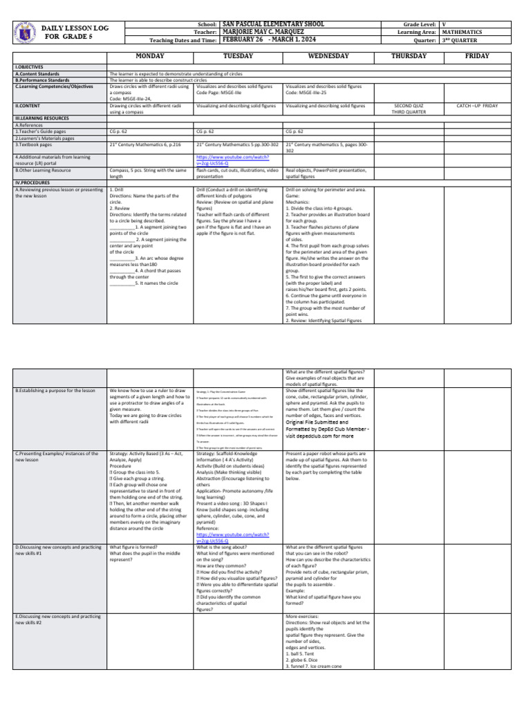 DLL Mathematics-5 Q3 W5 | PDF | Learning | Teachers