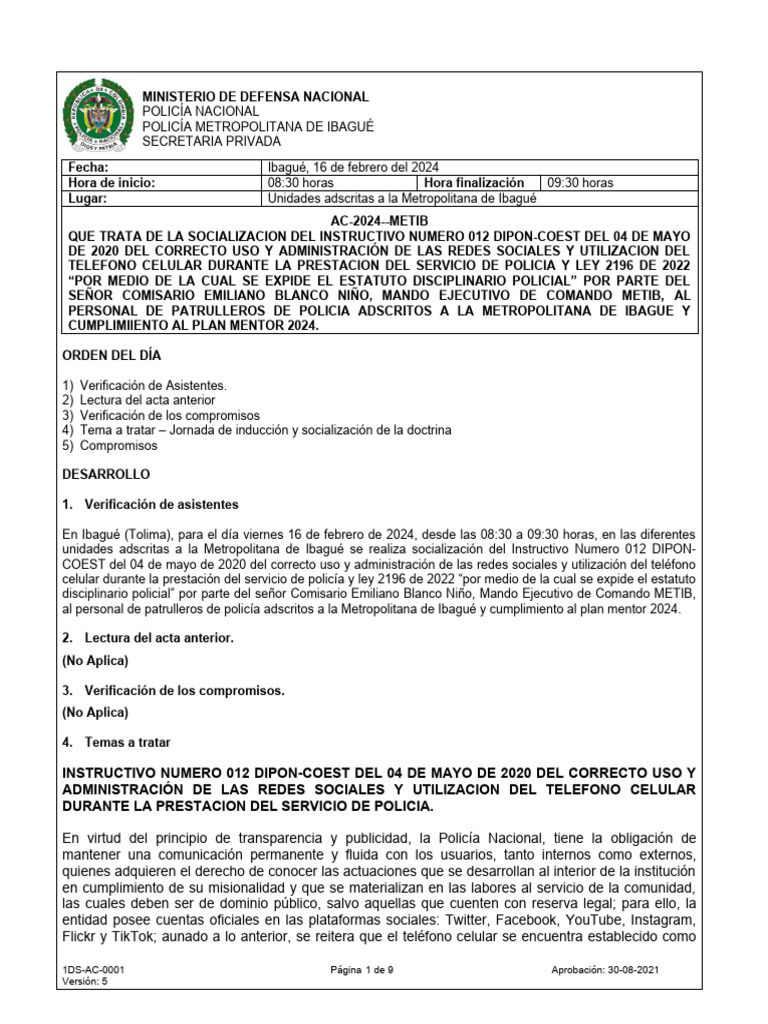 Acta Resolucion 012-Uso de Redes Sociales y Ley 2196 Clasificacion de Las Faltas | PDF | Policía ...
