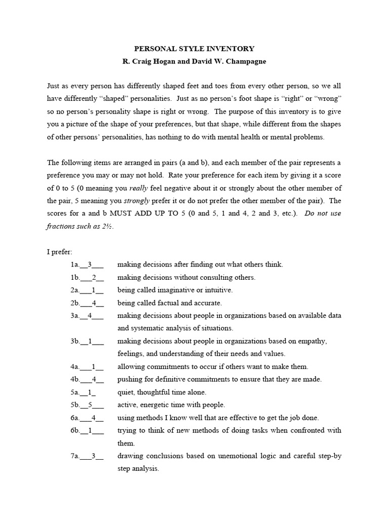 Personal Style Inventory Assessment | PDF | Thought | Cognitive Psychology