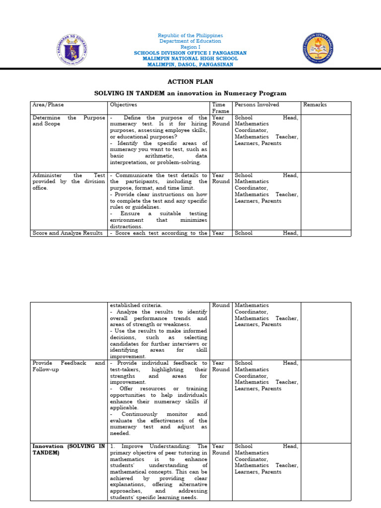 Action Plan In Numeracy Pdf Critical Thinking Learning