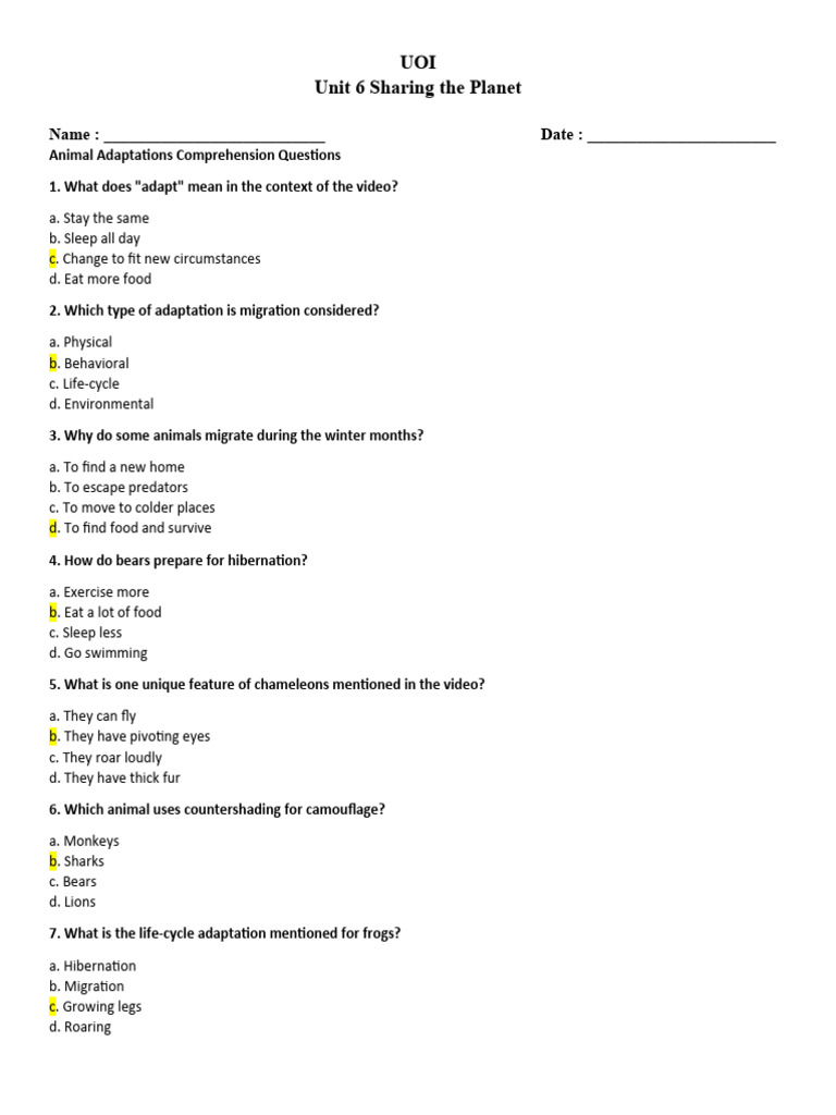 Animal Adaptations Comprehension Questions (AutoRecovered) | PDF ...