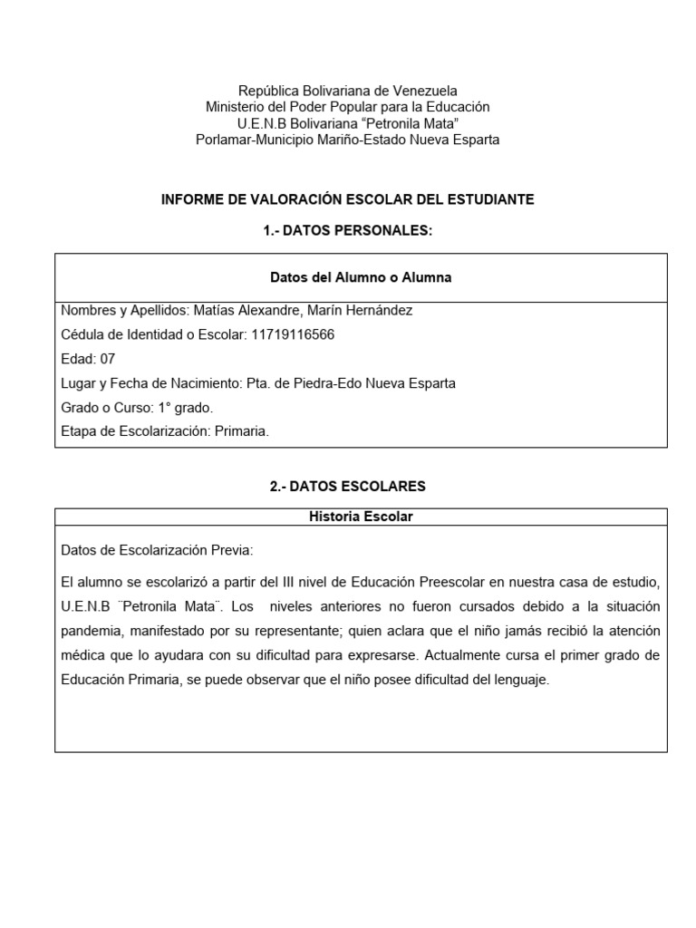 Formato Informe Escolar 1º Grado) | PDF | Las emociones | Educación de la primera infancia