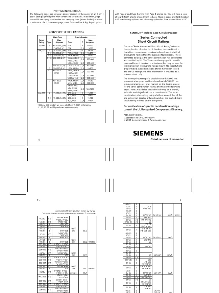 Siemens Sentron Molded Case Circuit Breaker Series Rating Booklet | PDF ...