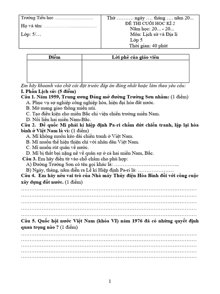 De Thi Cuoi Hoc Ki 2 Mon Lich Su Va Dia Li Lop 5 | PDF