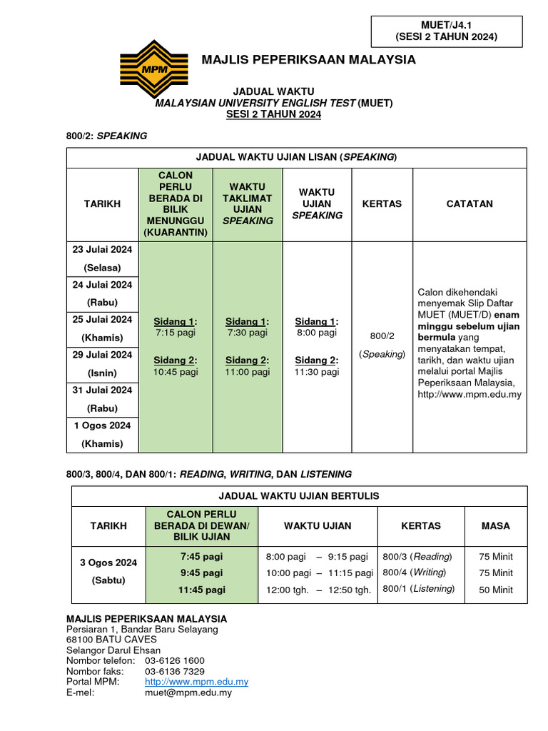 Jadual Waktu Muet Sesi 2 Tahun 2024 | PDF