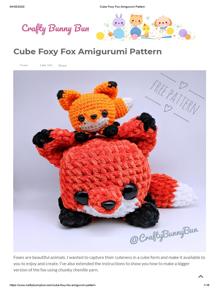 Free Cube Fox Amigurumi Pattern | PDF | Crochet | Textiles