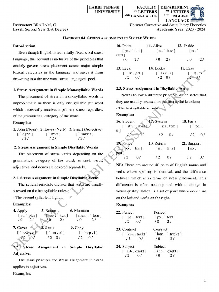 Handout 04 Stress Assignment in Simple Words | PDF