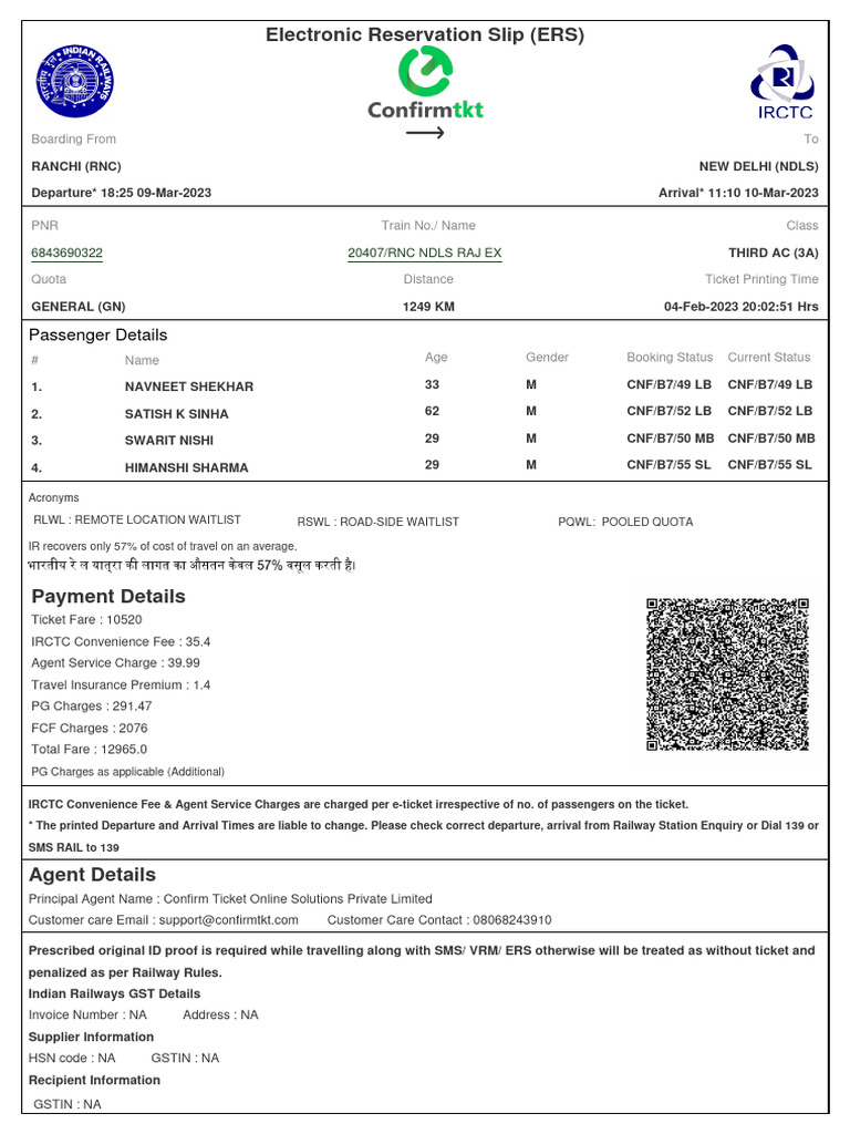 Electronic Reservation Slip for Train Travel | PDF | Identity Document
