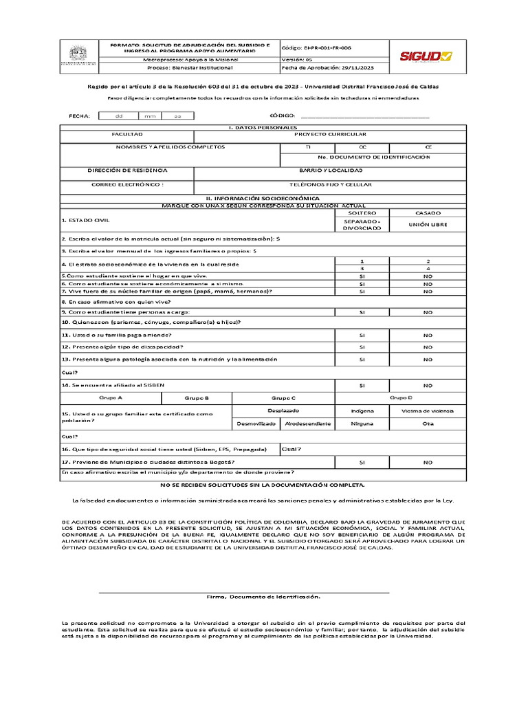 01. Formulario Solicitud Apoyo Alimentario (1) | PDF