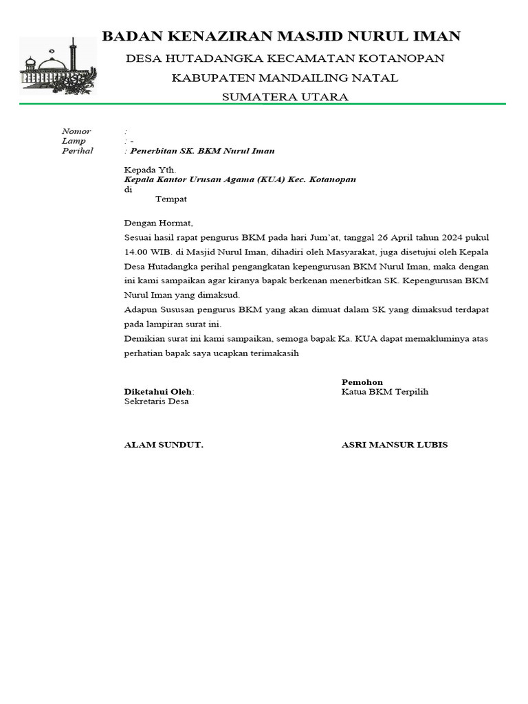 SK Pengurus BKM Nurul Iman 2024 | PDF