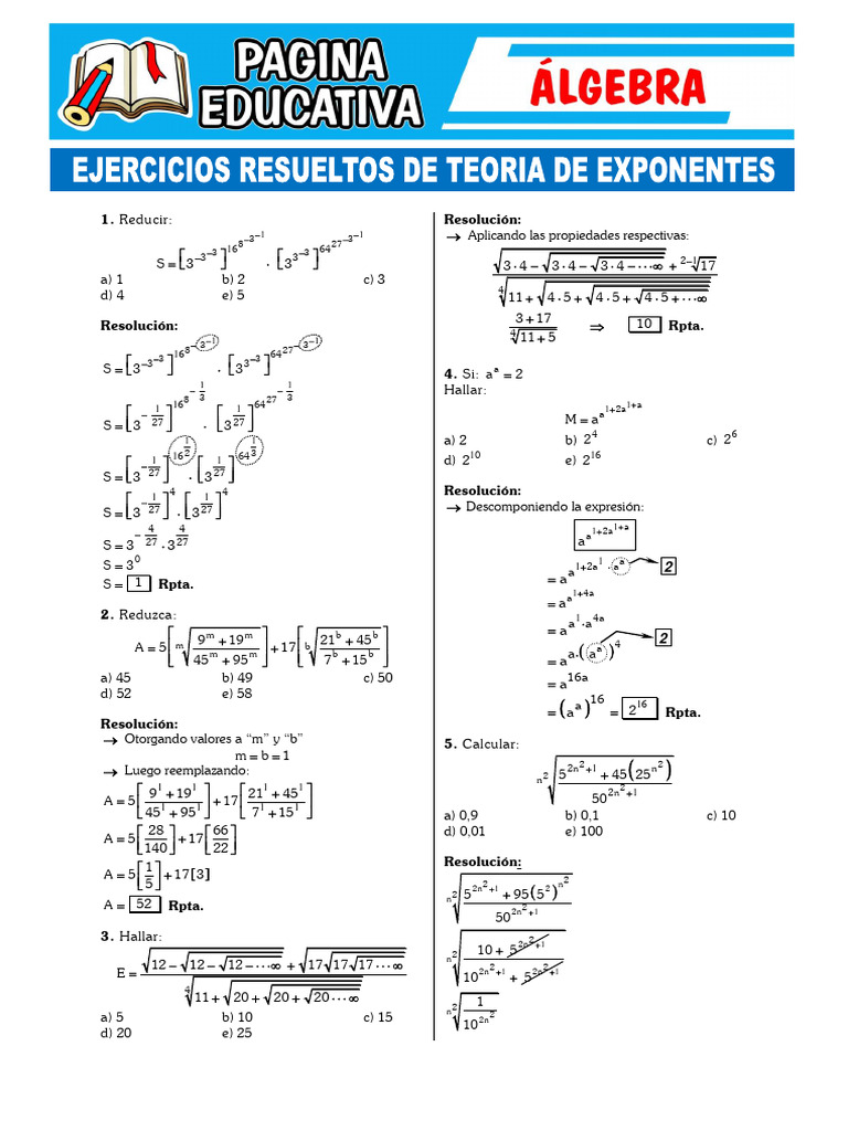 Ejercicios Resueltos de Teoria de Exponentes Pagina Educativa | PDF ...