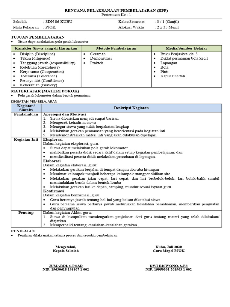 RPP PJOK Kls 3 Pertemuan Ke 1-4 | PDF