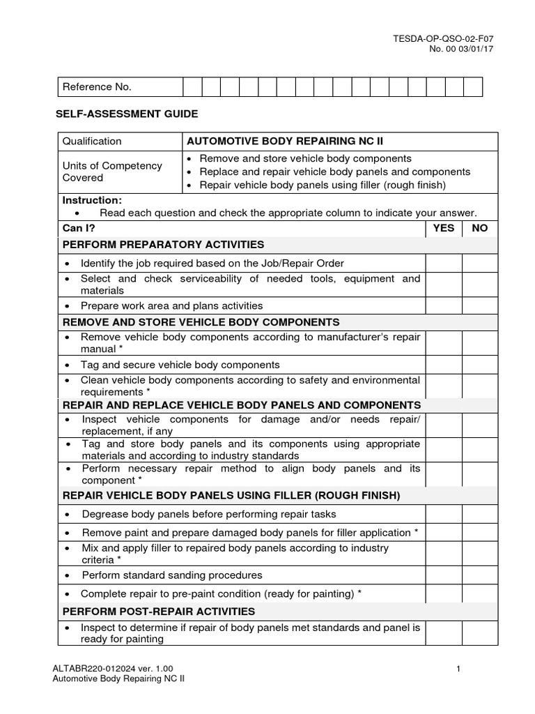 3 SAG - Automotive Body Repairing NC II - Jan2024 | PDF | Occupational ...