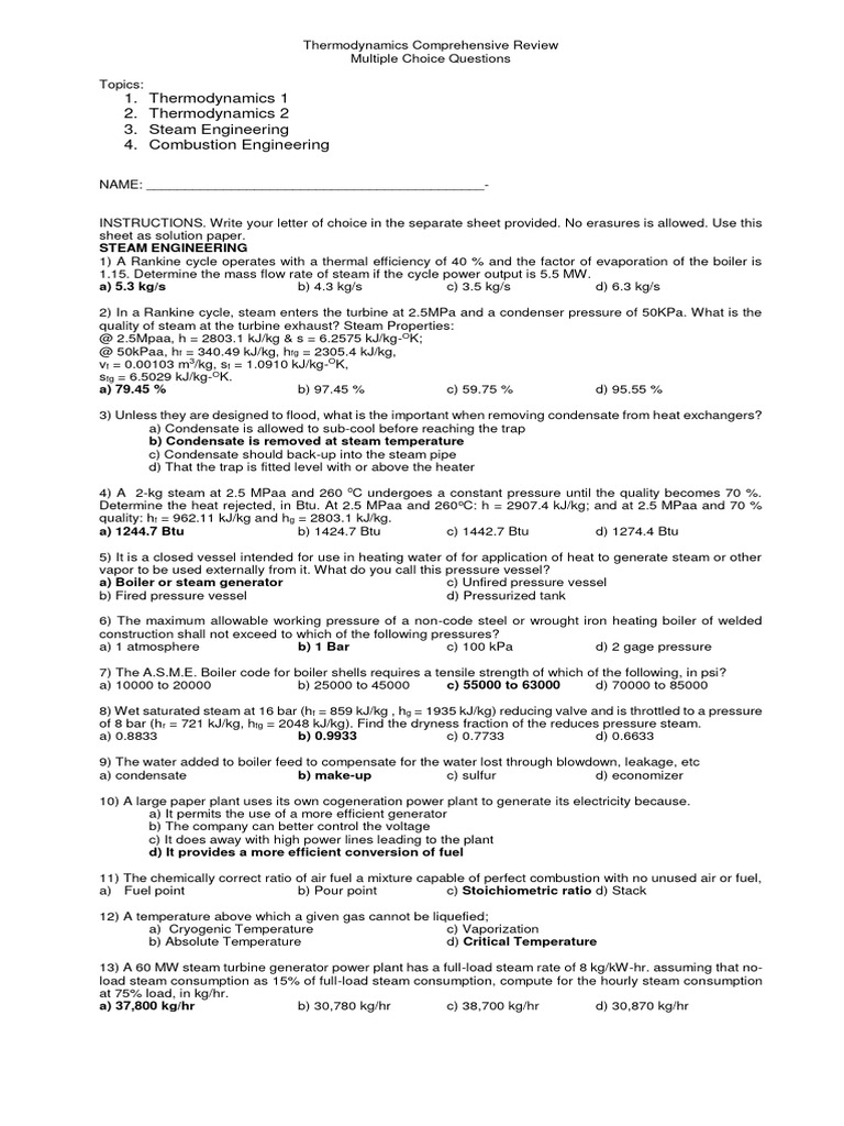 Thermodynamics Exam Prep | PDF | Steam | Boiler
