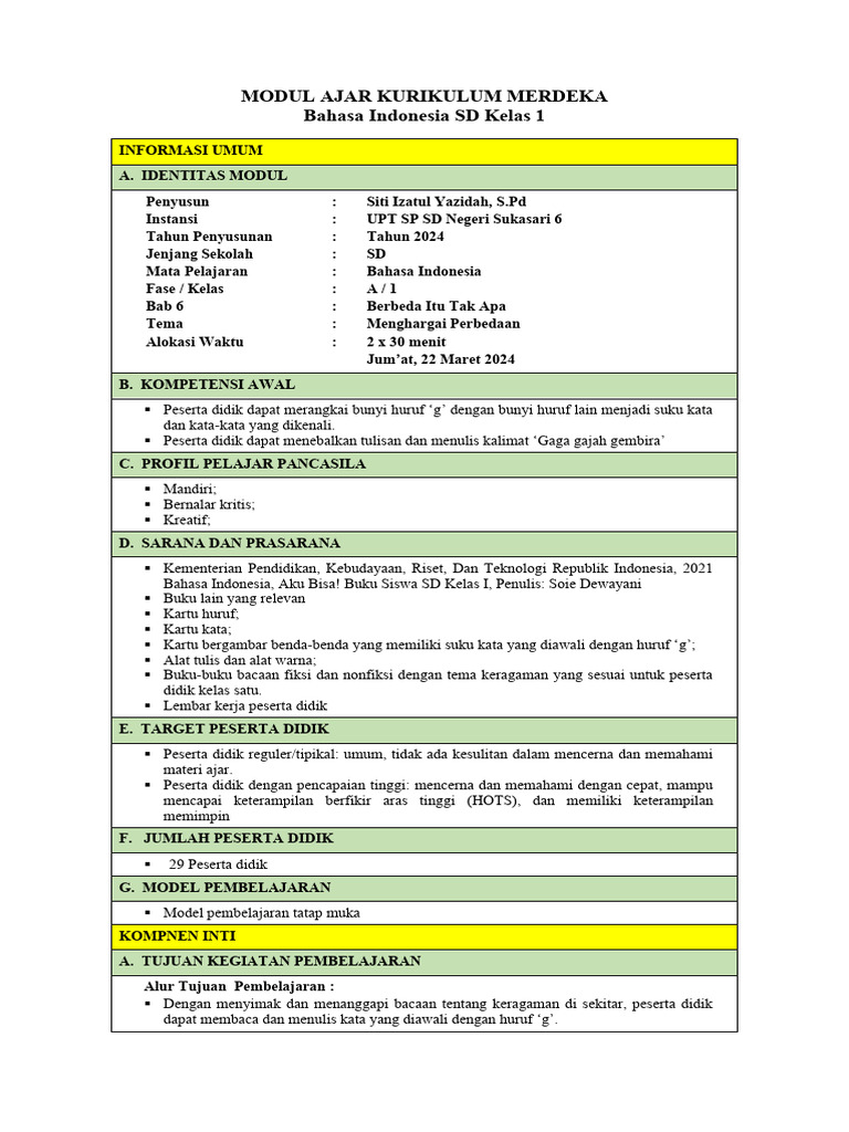 Kompetensi Awal Modul Ajar Kelas 1 | PDF