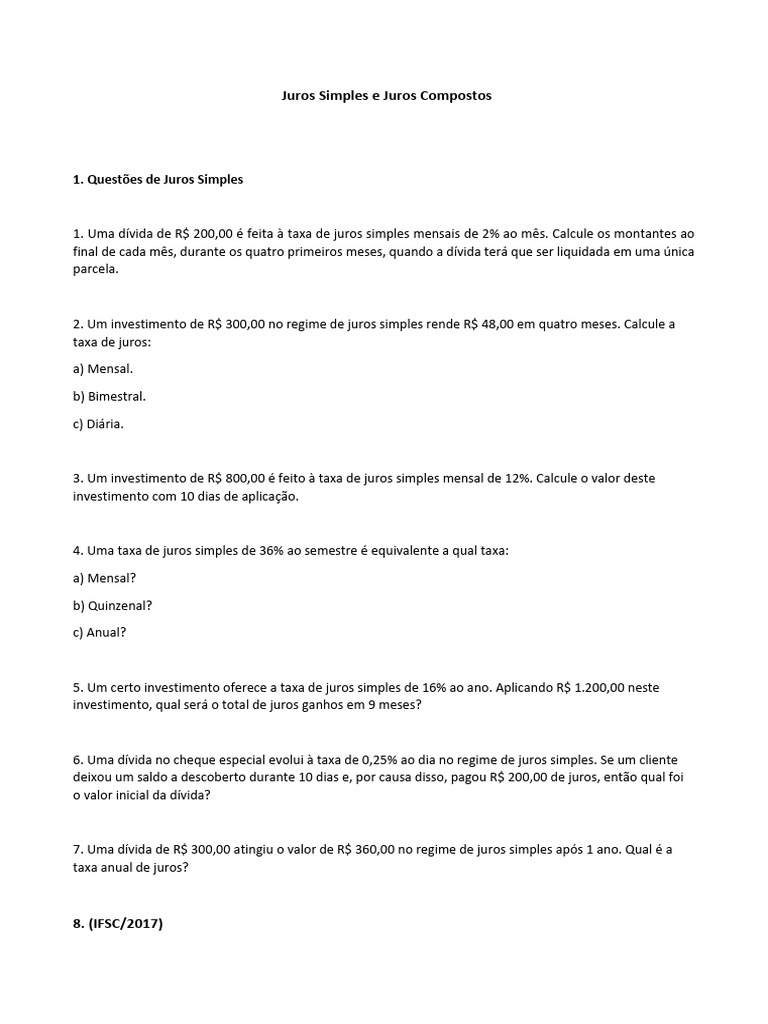 Atividade Juros Simples e Compostos | PDF | Juros | Bancos