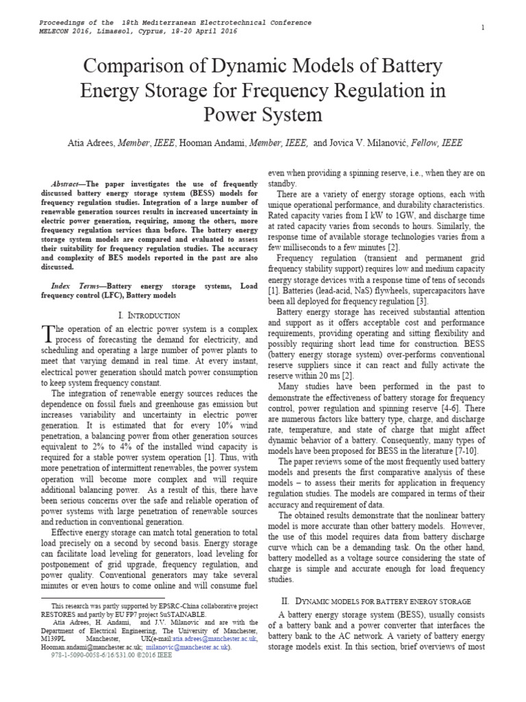 BESS - IEEE - Comparison of Dynamic Models OF BESS For Frequency ...