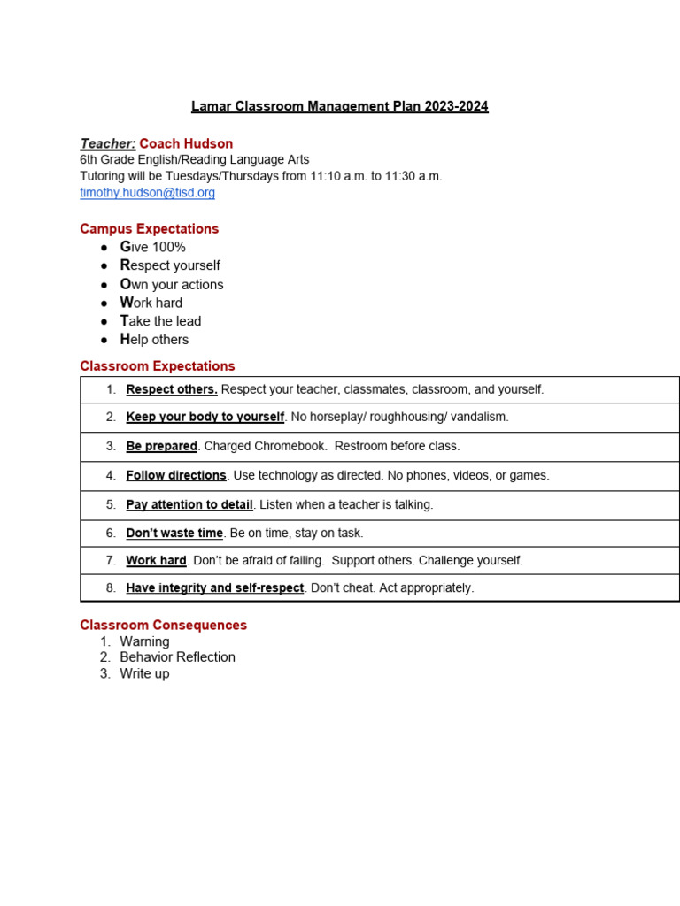 6th Grade Classroom Management Plan 2023 | PDF | Classroom | Classroom ...