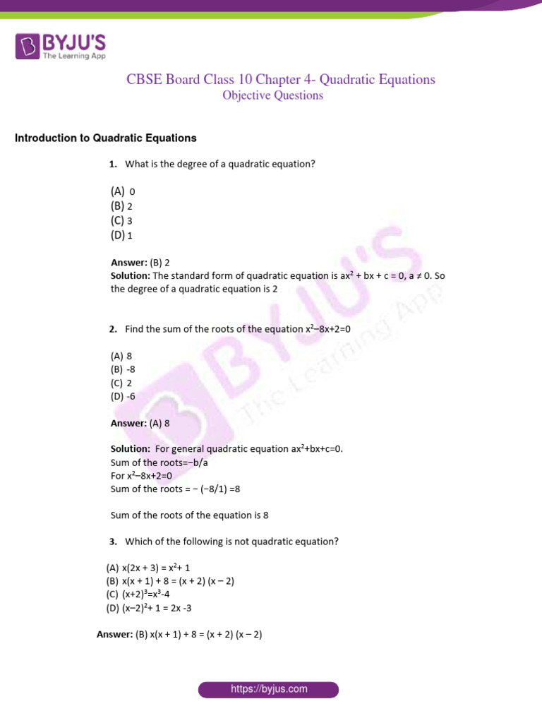 Class 10 Maths: Quadratic Equations MCQs | PDF | Quadratic Equation | Elementary Mathematics