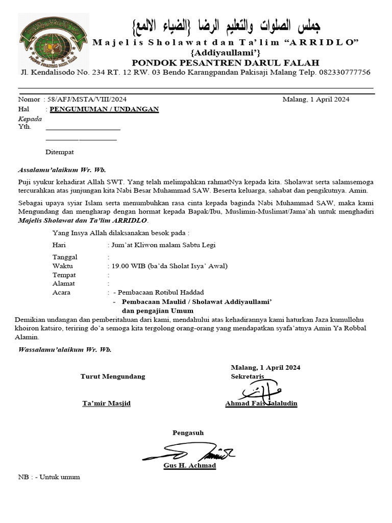 Undangan Sholawat AR RIDHO list tempat | PDF