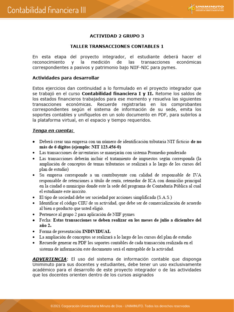 Contabilidad Financiera III_TALLER 1, 2 Y 3 | PDF | normas internacionales de INFORMACION ...