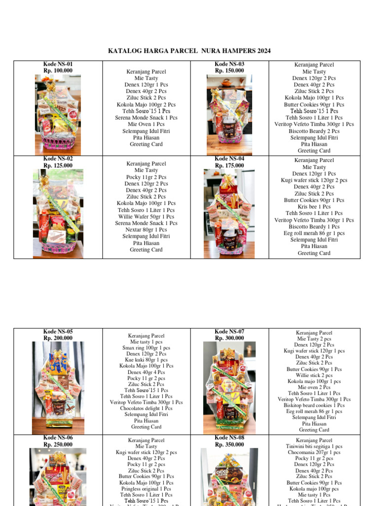 Katalog Harga Parcel Nura Hampers 2024 | PDF | Confectionery | Baked Goods