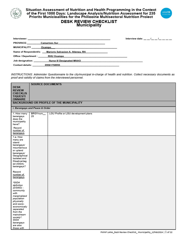 UNICEF-PMNP - LANA Desk Review Checklist - Tracked - v.2 - 7apr2024 | PDF | Human Nutrition ...