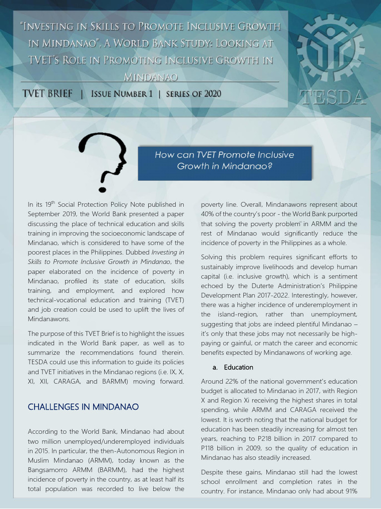 TVET Brief Issue No. 1_World Bank Study on Inclusive Development in Mindanao | PDF ...