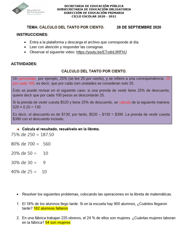 Cálculo de Porcentajes para Séptimo Básico | PDF | Porcentaje