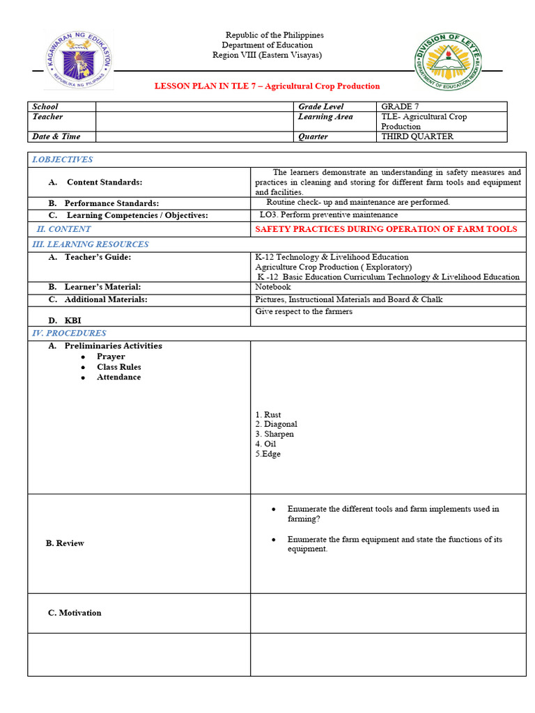 Lesson Plan SAFETY PRACTICES DURING OPERATION OF FARM TOOLS | PDF ...