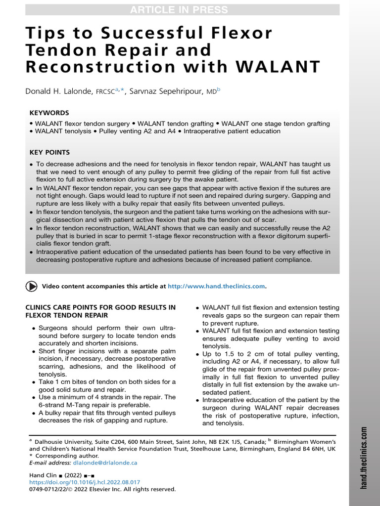 2023 Lalonde Tips Success Flexor Tendon Repair Reconstruction | PDF ...