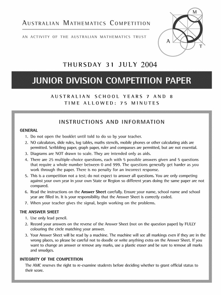 2004 AMC Junior Division Questions | PDF | Elementary Geometry