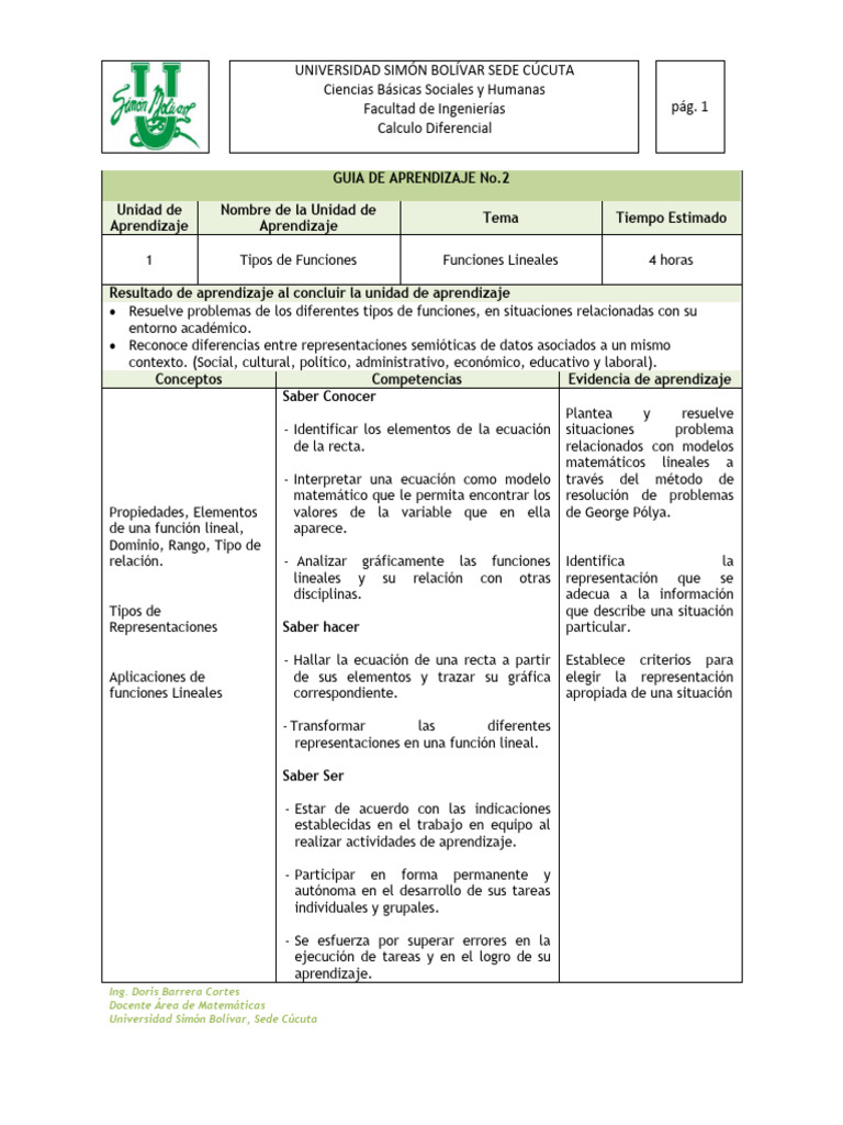 Guia No.2 Funciones Lineales 2024-I Ingenierias | PDF | Ecuaciones | Aprendizaje
